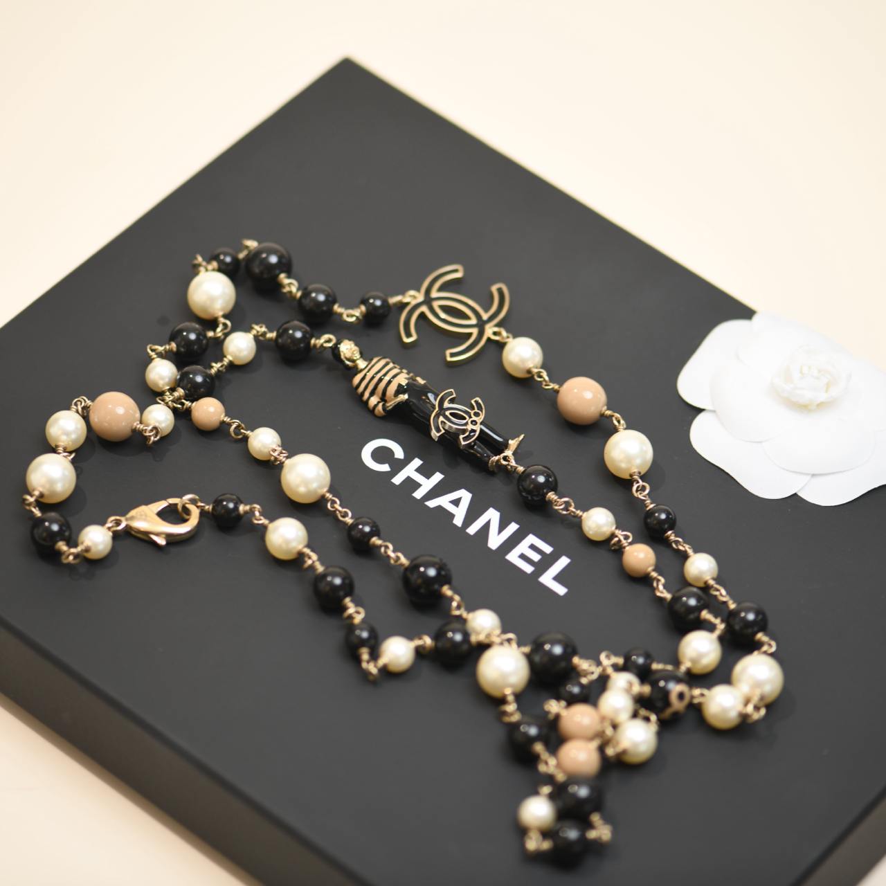 Chanel CC Limited Edition Enamel Mademoiselle Faux Pearl Long Necklace Dandelion Antiques