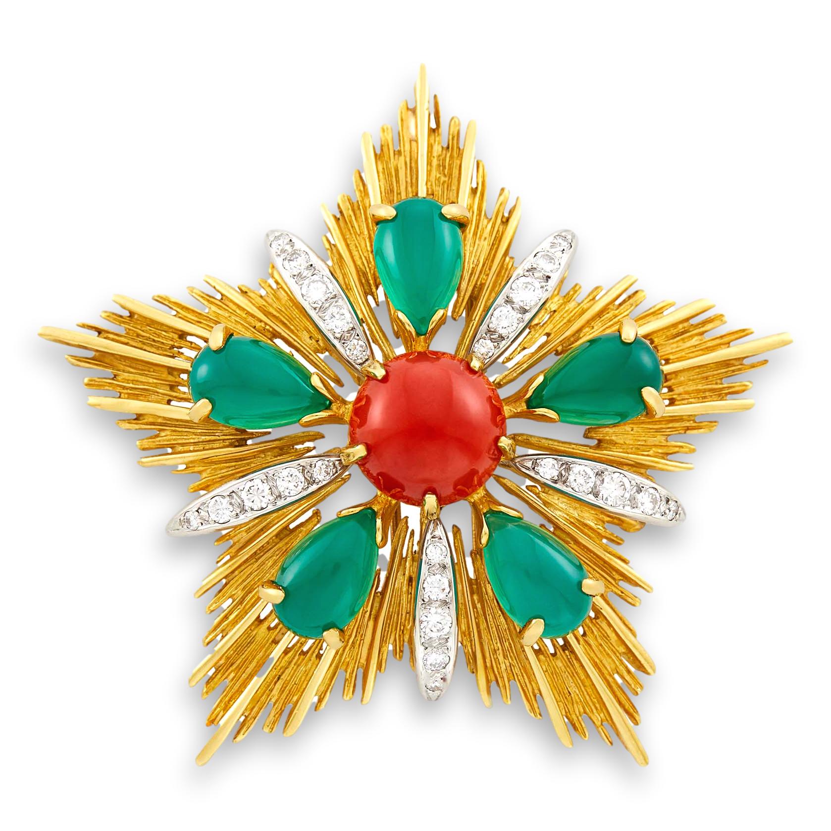 Large Coral Chalcedony Diamond Maltese 18K Yellow Gold Brooch Pendant ...